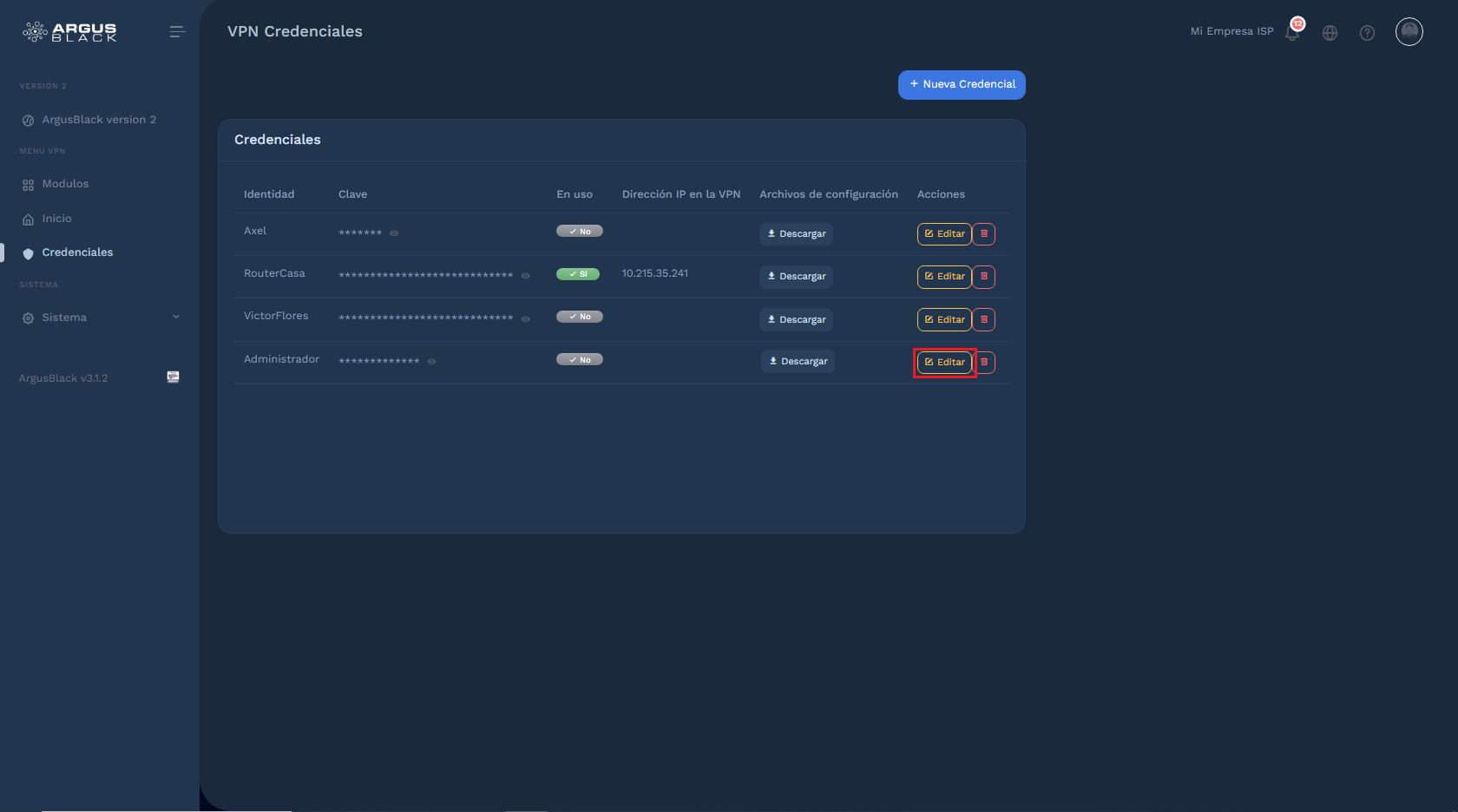 Cómo editar y actualizar datos de una credencial VPN – Documentación de Argus Black