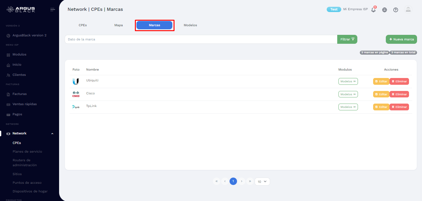 Lista de modelos de CPEs de una Marca – Documentación de Argus Black