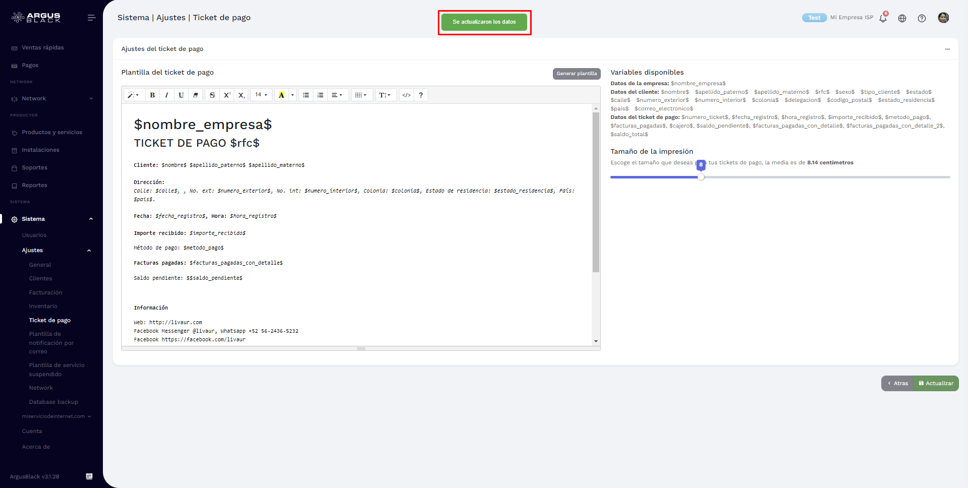 Cómo ajustar los datos del ticket de pago – Documentación de Argus Black